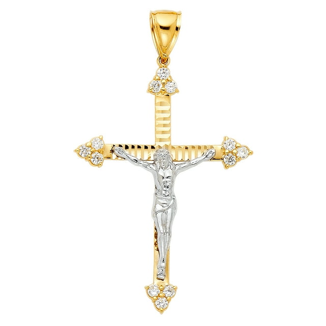 Solid 14k Yellow White Rose Gold Cross Jesus Charm CZ Crucifix Pendant ...