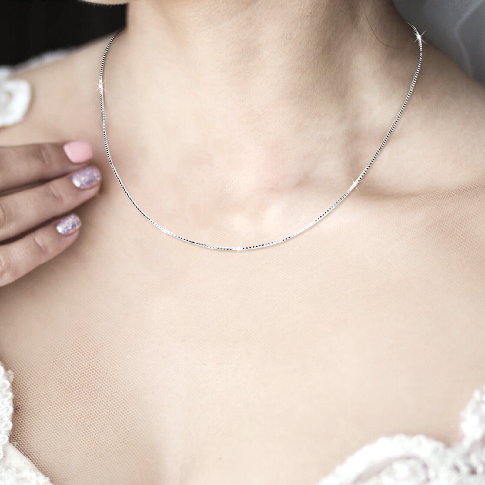 Solid 925 Sterling Silver 1mm Box Chain Necklace 16 inch Women Fashion ...