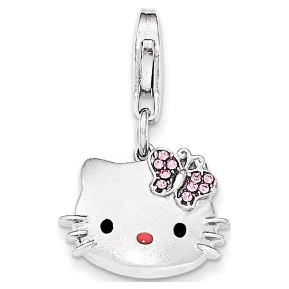 Solid 925 Sterling Silver Enamel Hello Kitty Pink Nose and Crystal Bow ...