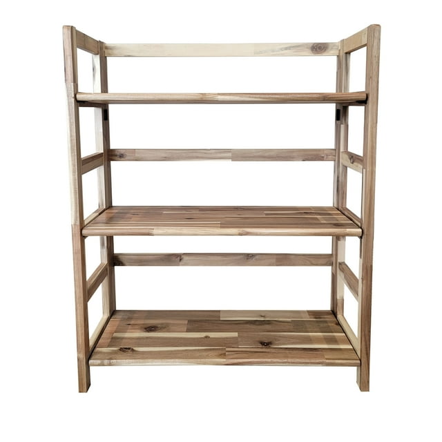 Movable Solid Acacia Wood 3-Shelf Folding Bookcase, Open Shelving Unit ...