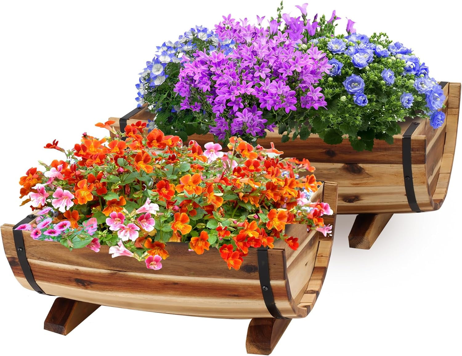 Solid Acacia Wood Half Barrel Planters Outdoor Set of 2 Different Sizes ...