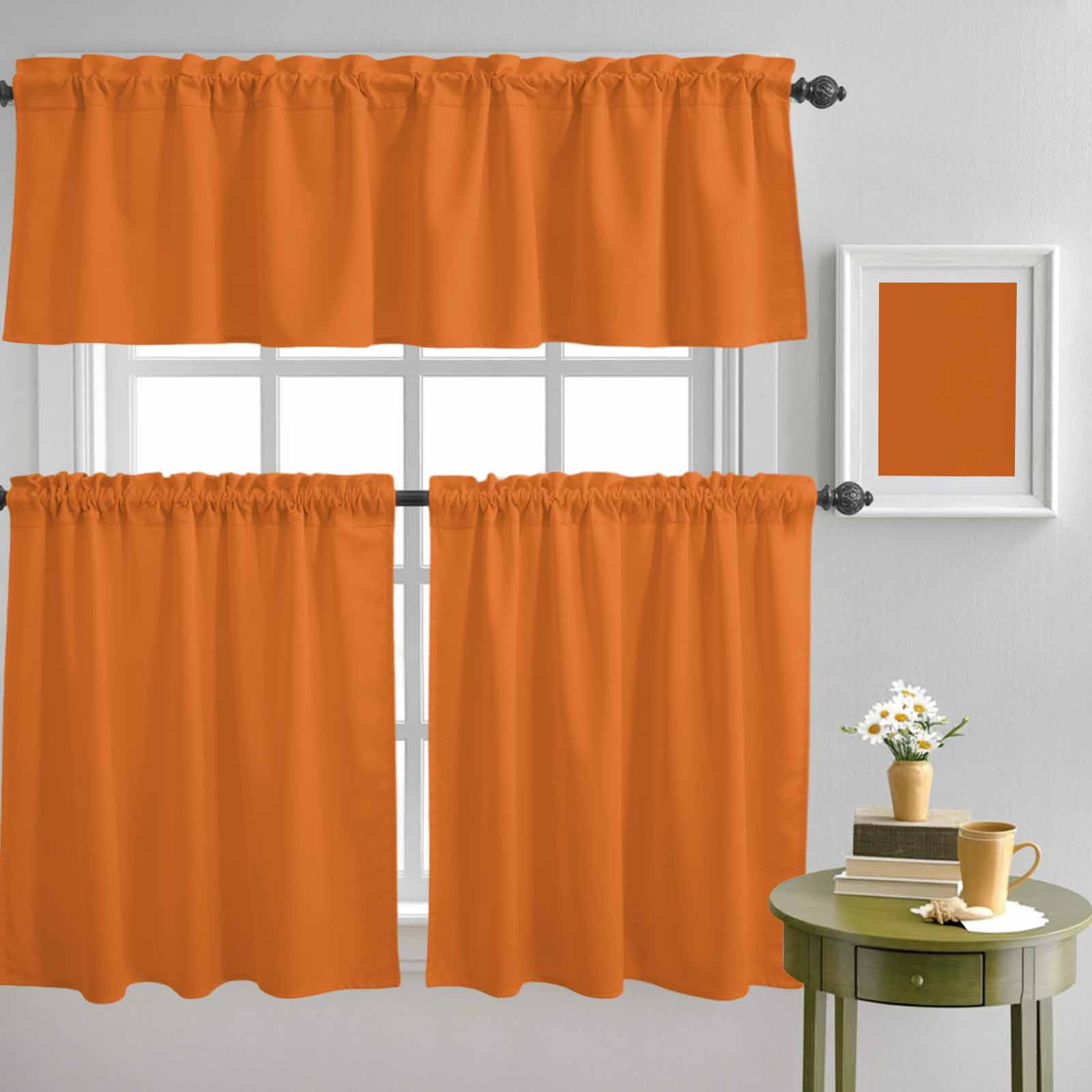 Solid Art Minimalist Pure Orange Curtain Tier and Valance Set 3 Piece ...