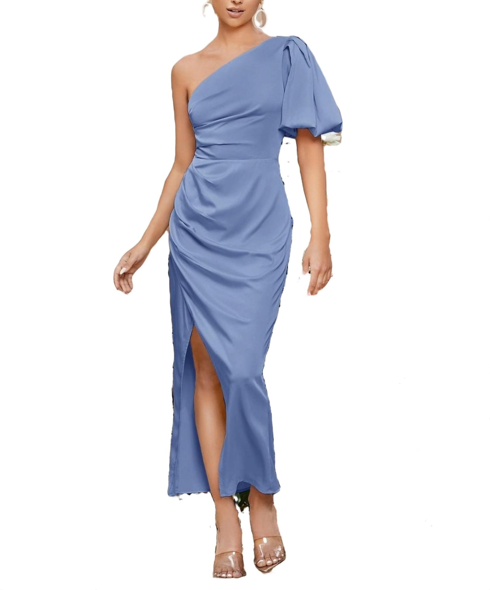 Solid Asymmetrical Neck Sheath Dress Elbow-Length Dusty Blue Bridesmaid ...