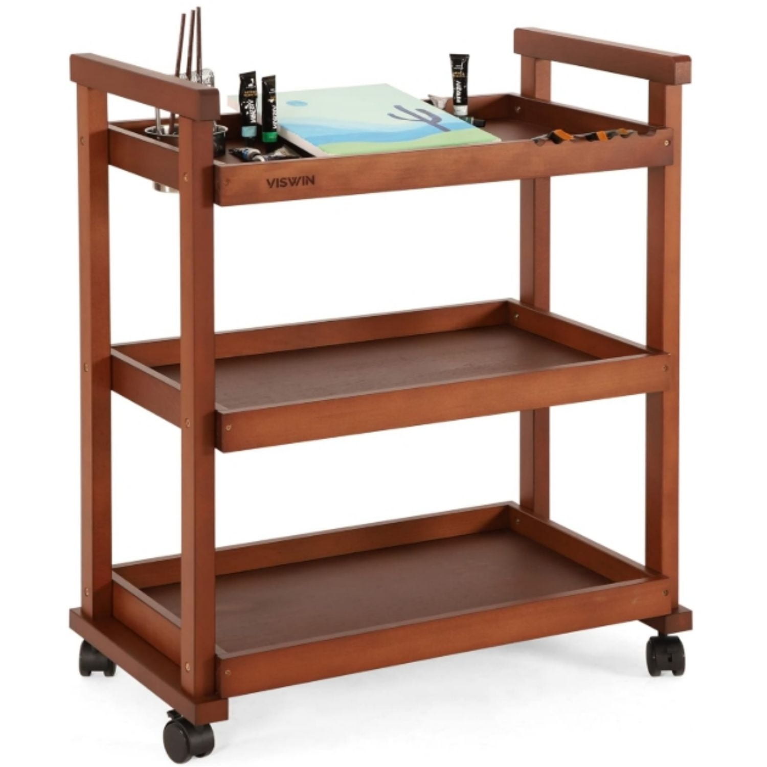 Solid Beechwood Art Cart Storage Organizer, 3-Tier Rolling Utility ...