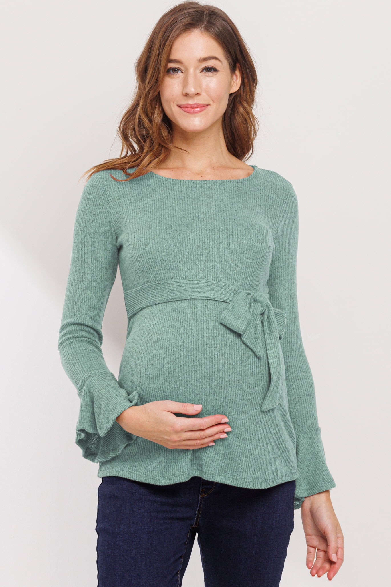 Solid Bell Sleeve Maternity Top with Keyhole Back and Faux Waist Tie ...