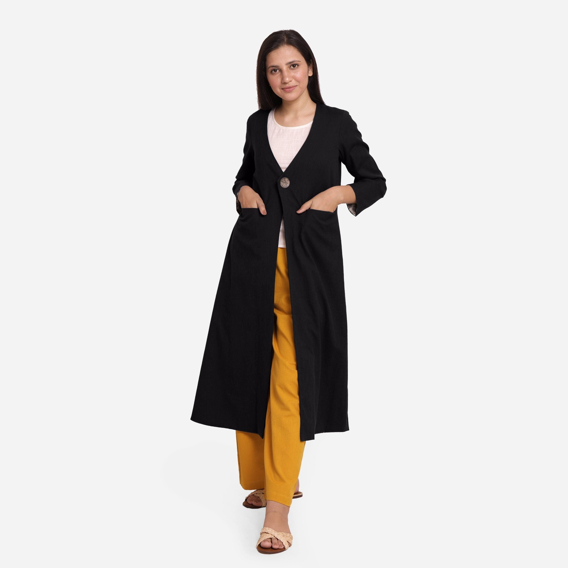 Solid Black Cotton Flax Front Open a-Line Jacket - Walmart.com