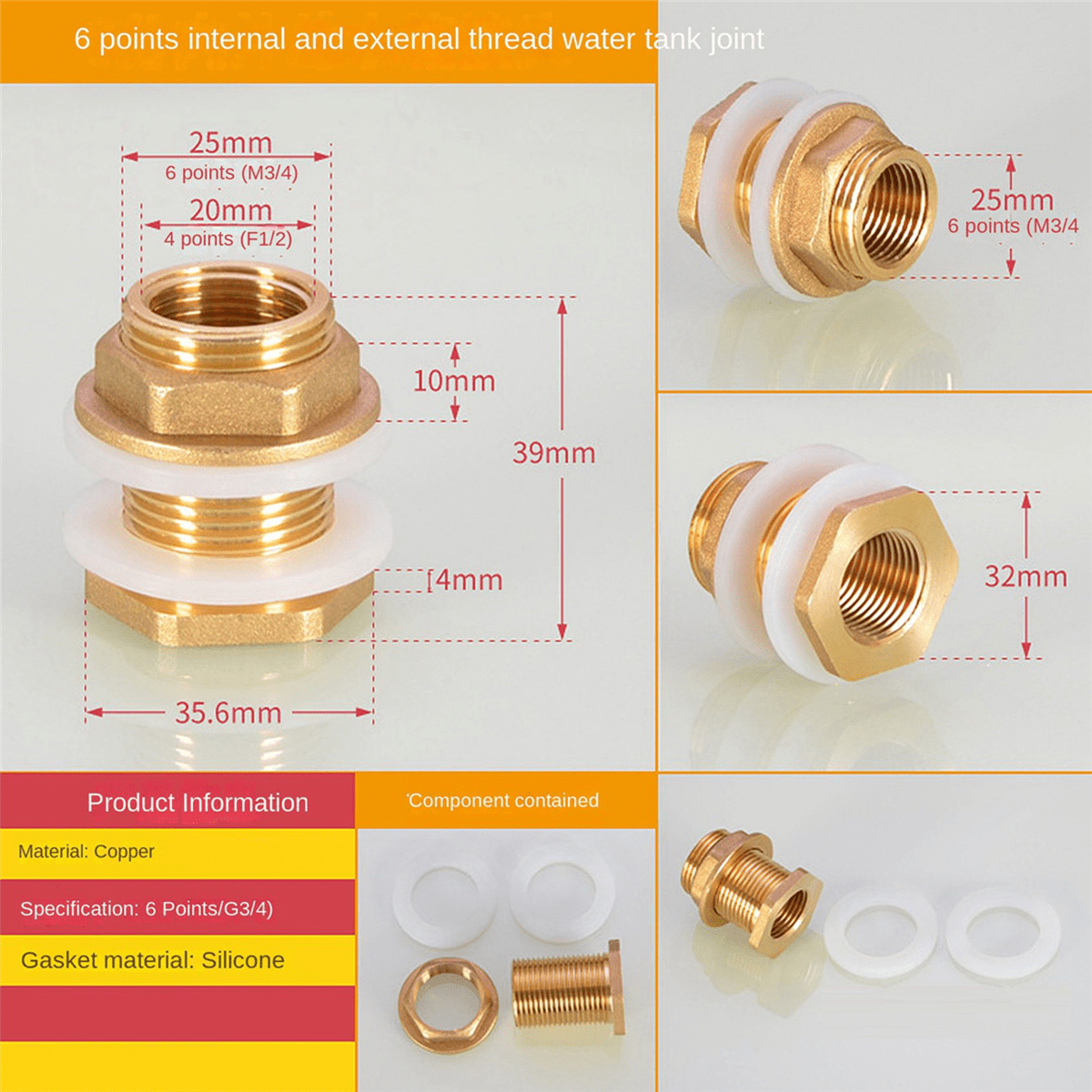 Solid Brass Bulkhead Fitting,6Sets 1/2in Female 3/4in Male Solid Brass ...