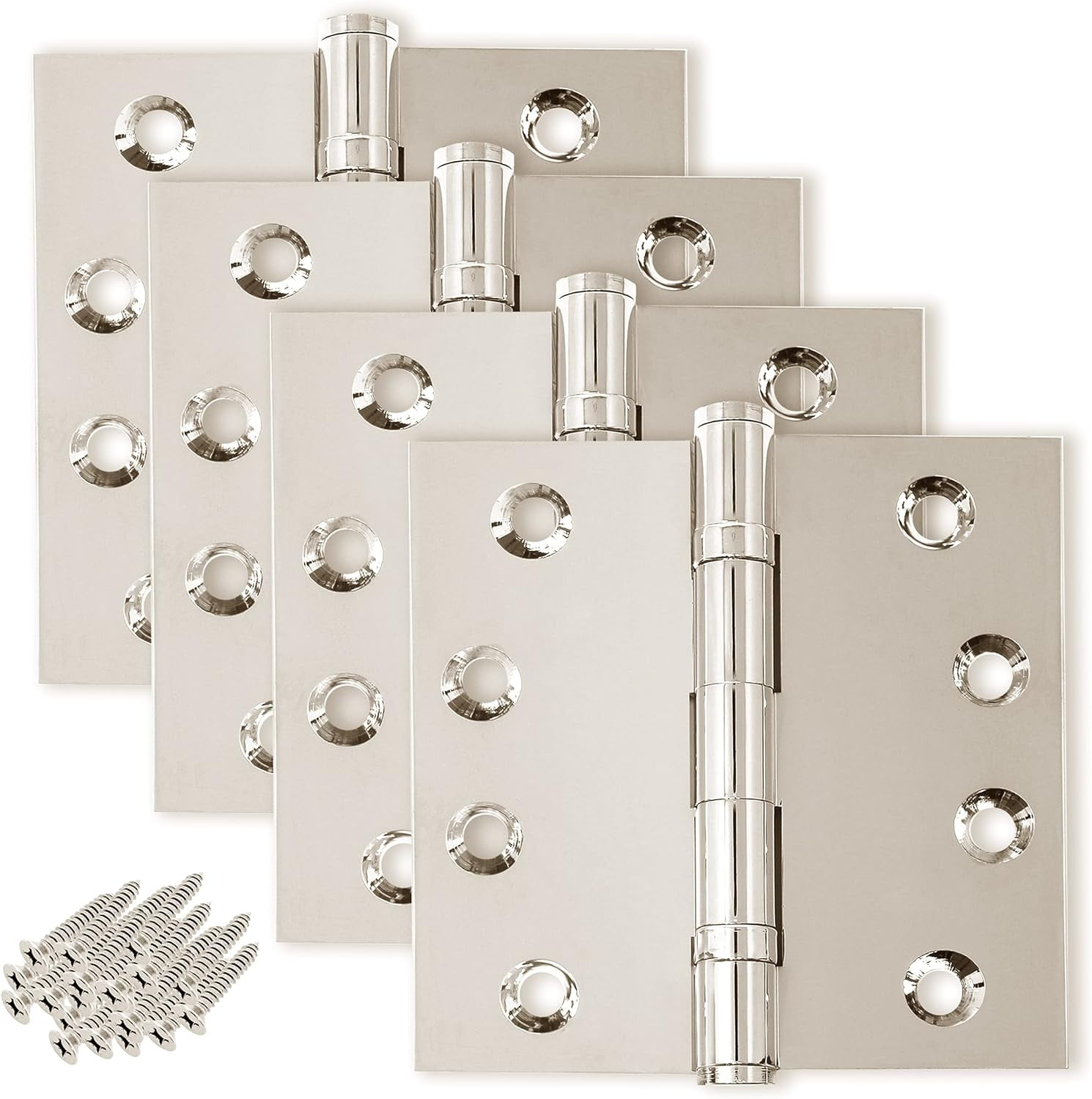 Solid Brass Door Hinge Heavy Duty Bearing Shiny Silver 4x4 Inch - Set of 4 Hinges (Polished ...