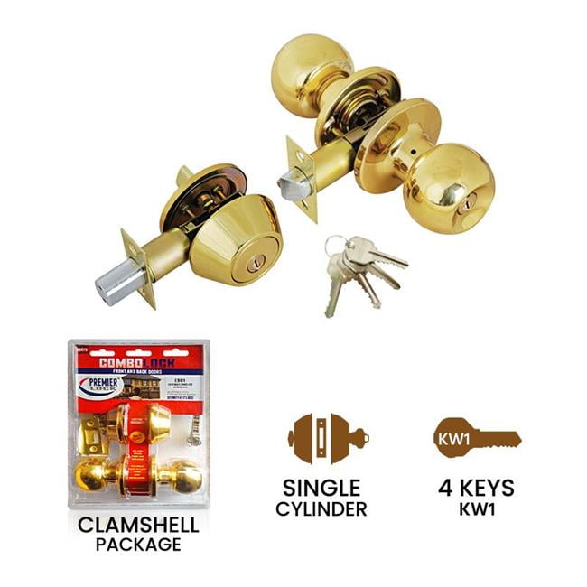 Solid Brass Entry Door Knob Combo Lock Set with Deadbolt & 4 KW1 Keys ...