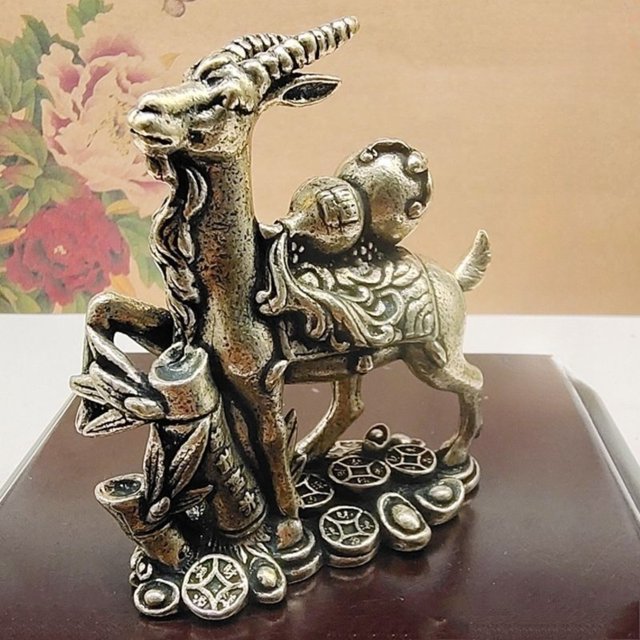 Solid Brass Zodiac Goat Figurine with Lucky Gourd Feng Shui Desk ...