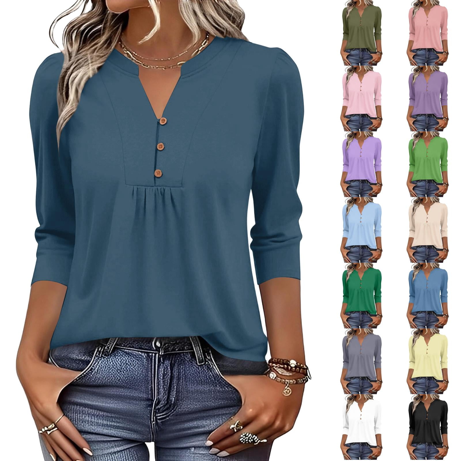 Solid Button-Down Henley Top for Women, 3/4 Sleeve V-Neck Casual Blouse ...
