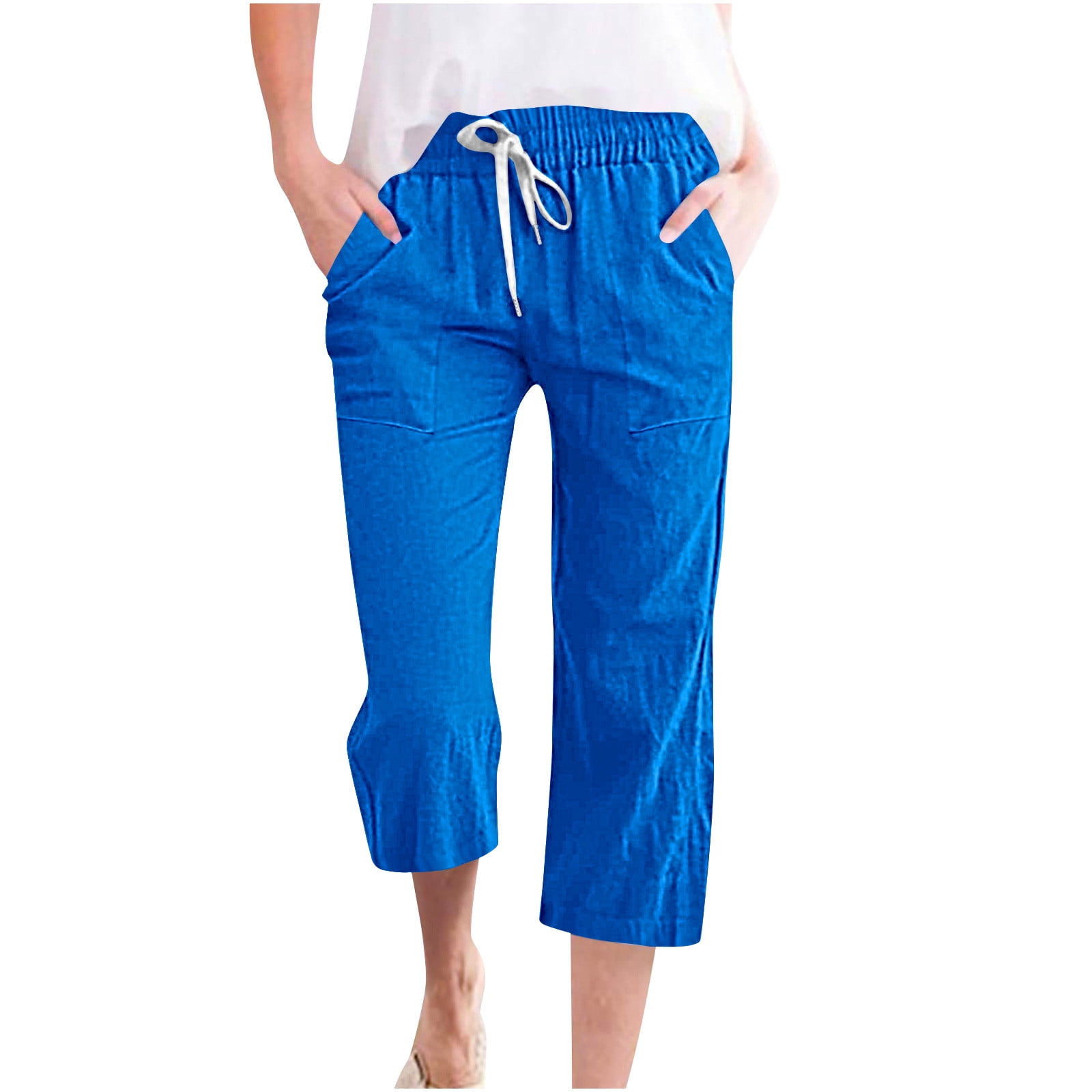 Solid Capri Pants Womens Summer 2024 Linen Drawstring Elastic High