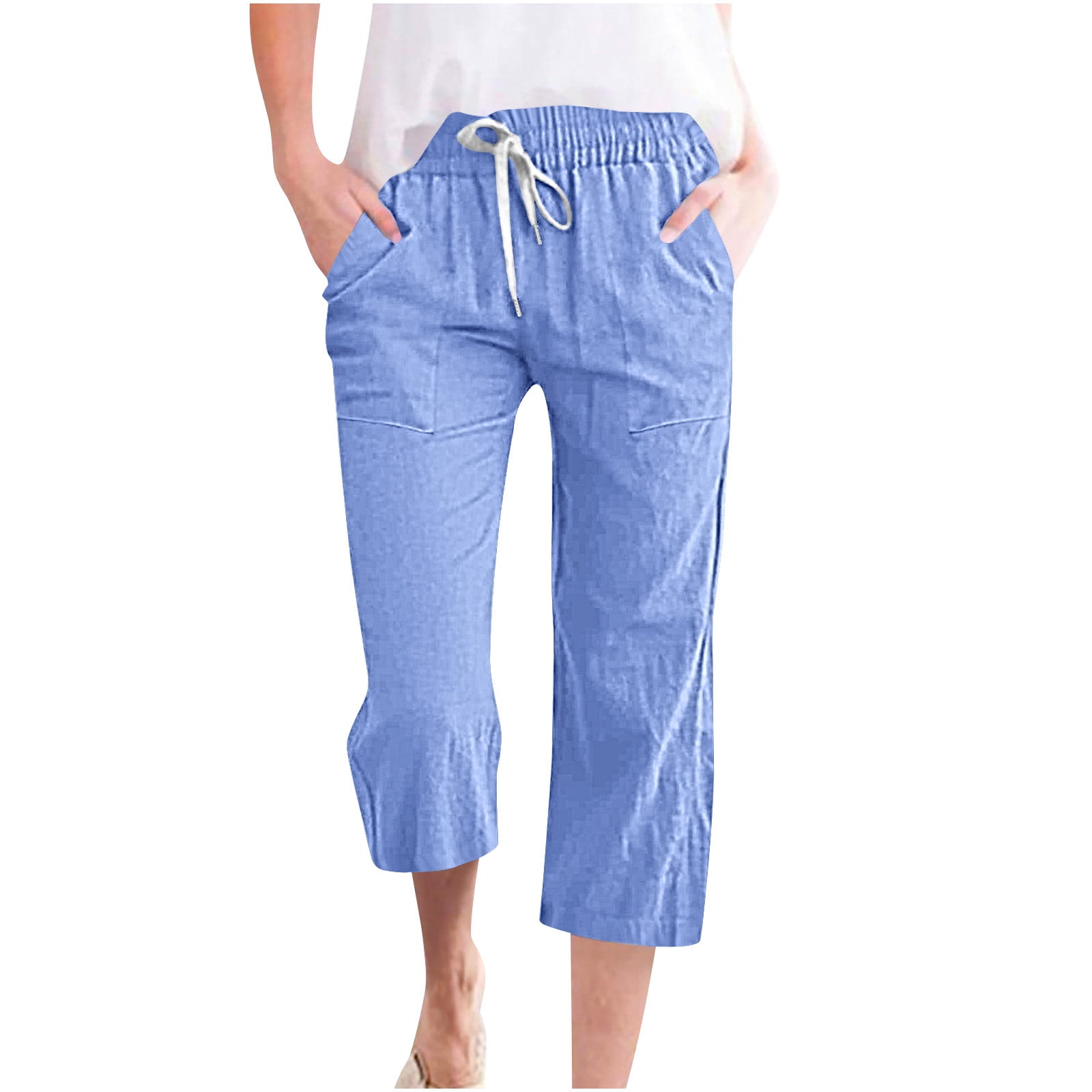 Solid Capri Pants Womens Summer 2024 Linen Drawstring Elastic High