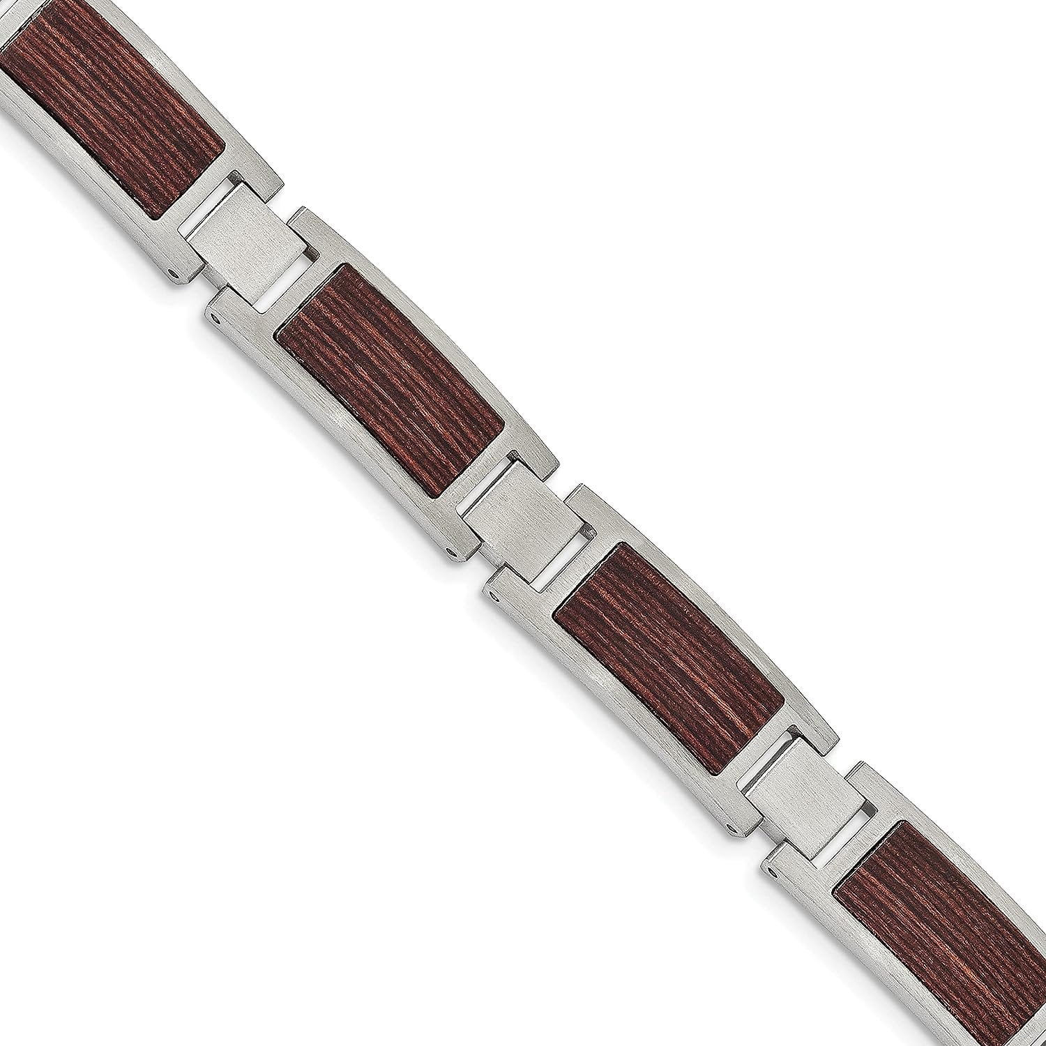 Solid Chisel Stainless Steel Brushed with Wood Inlay Link Bracelet - 8. ...
