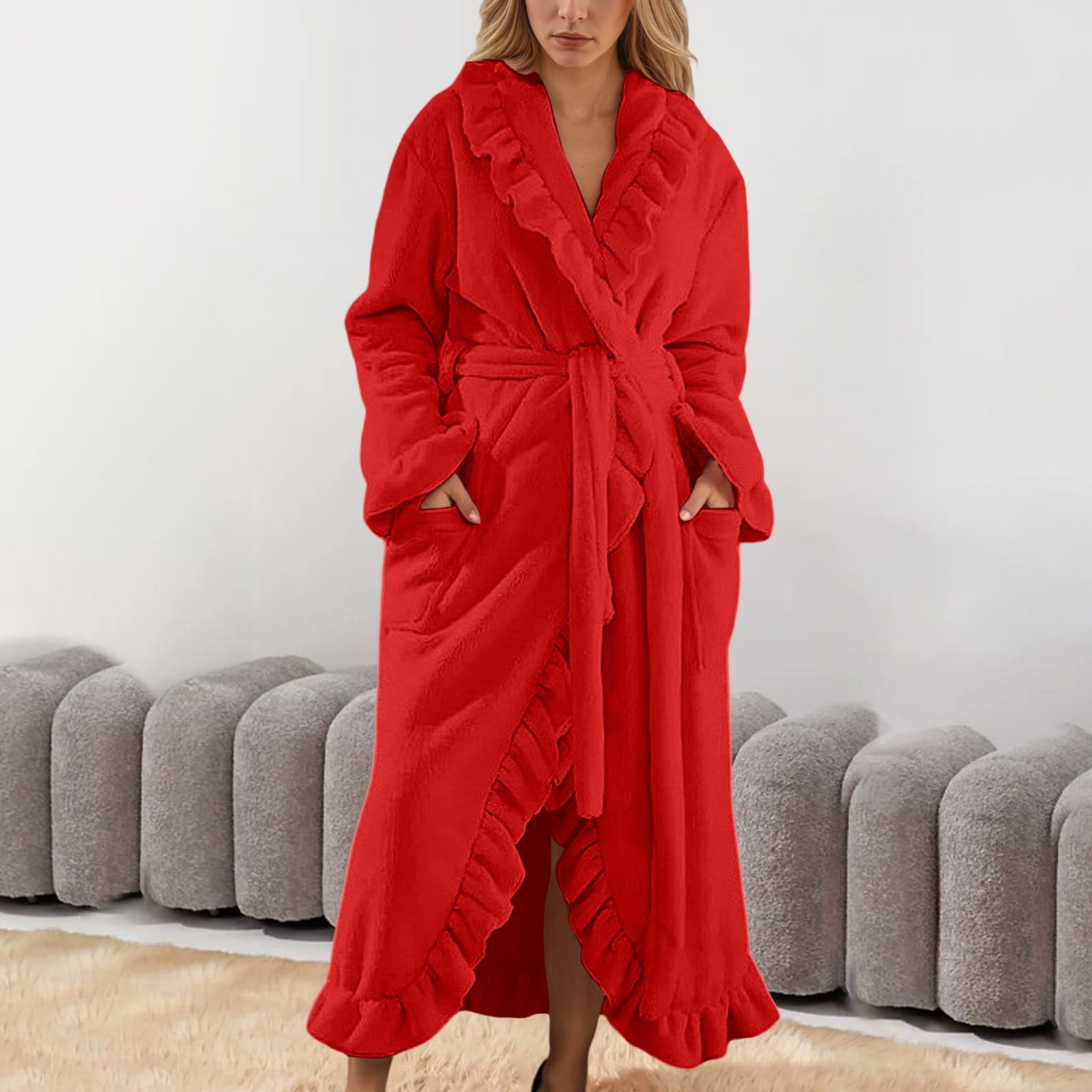 Solid Color Flannel Robes Bathrobe for Women Ruffle Bathrobe Long ...
