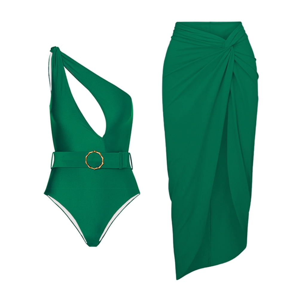 Solid Color Hollow One Piece Women's Swimsuit Set with Belly Covering ...