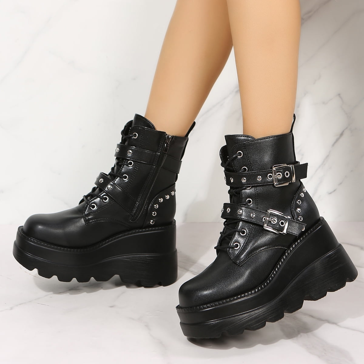 Solid Color Platform Boots Flat Heel Zip-Up Comfort Versatile for Every ...