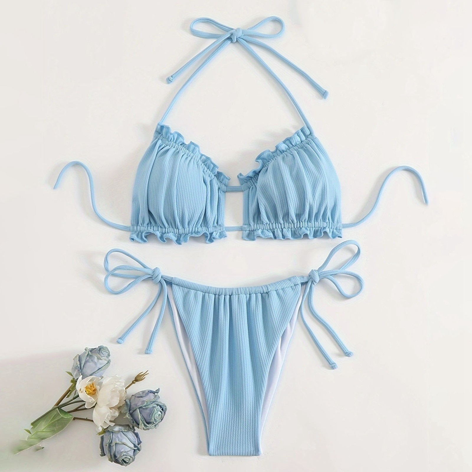 Solid Color Print Split High Waist Pants Suspender Backless Bikini plus ...
