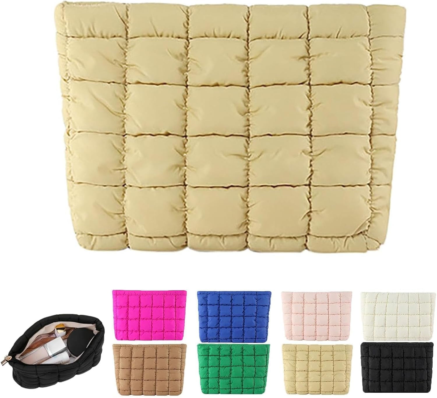 Solid Color Quilted Design Clutch, Puffer Makeup Bag, Soft Checkered ...