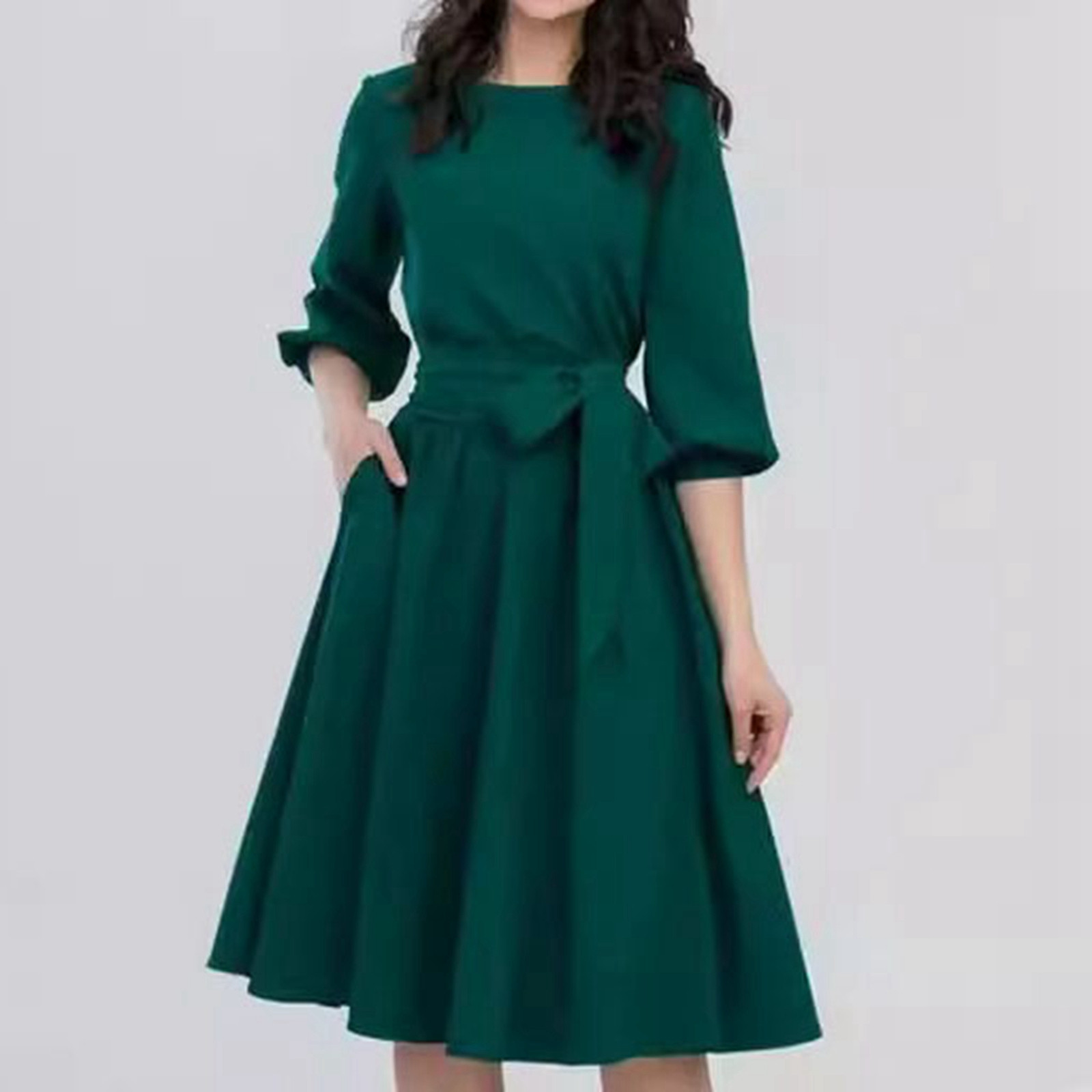 Solid Color Round Neck Half Sleeve Lace Up A Line Dress Woman plus Size ...