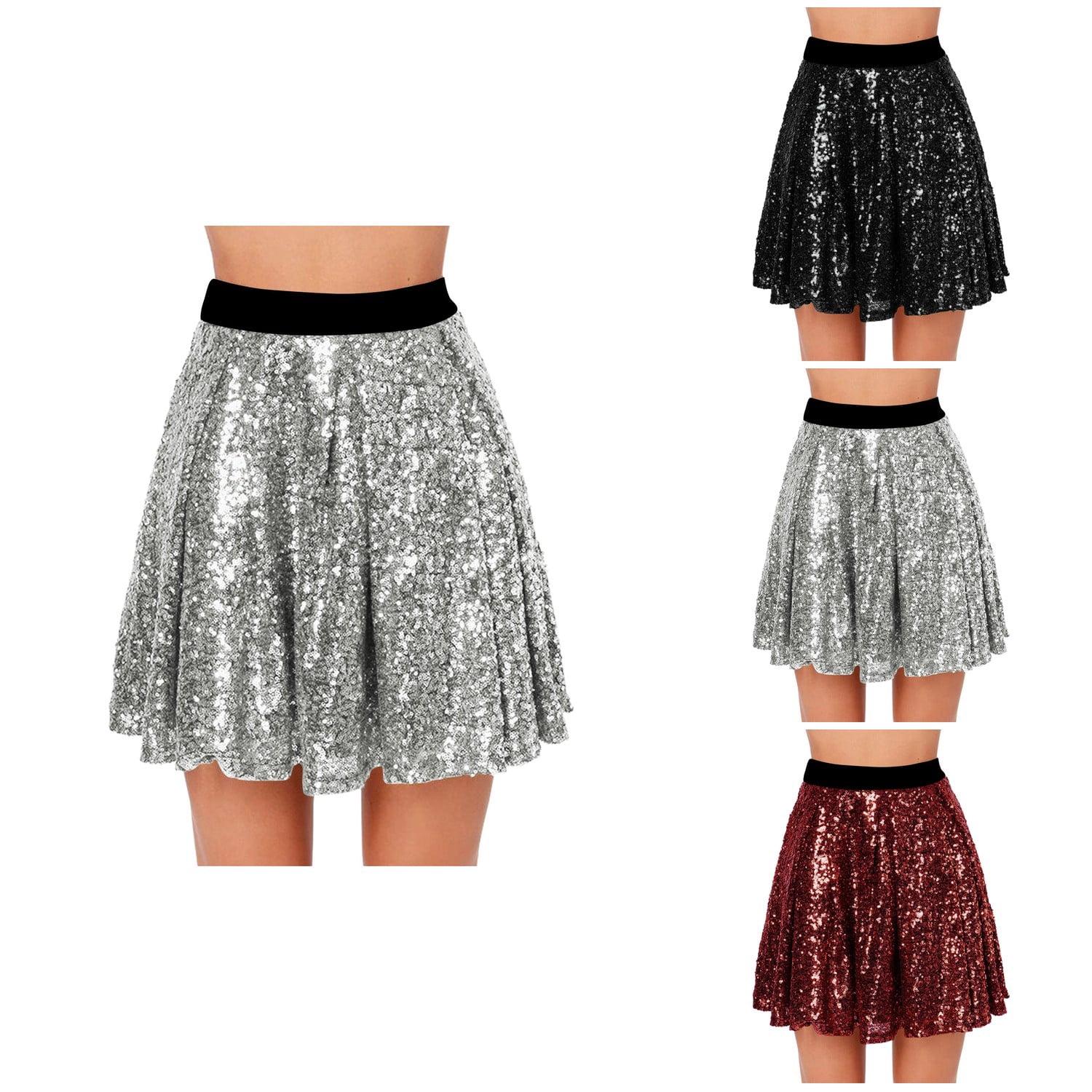 Solid Color Sequin Stretch Waist Pleated Midi Skirt, Elegant Party Wear ...