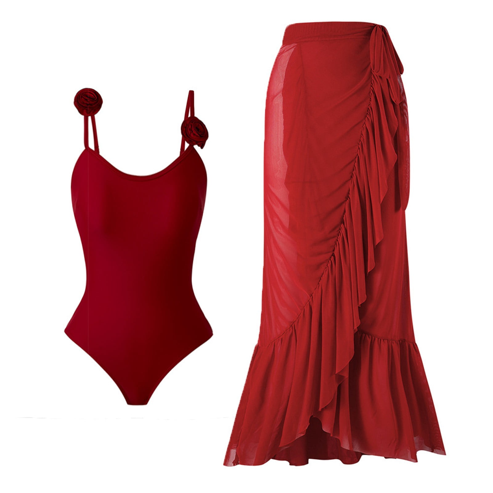 Solid Color Sexy Swimsuit With Mesh Skirt Two Piece Set Red Tankini ...