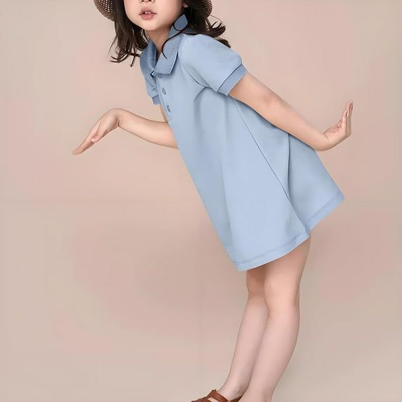 Solid Color Short Sleeve Collar Dress with Stretch Skirt for Girls ...
