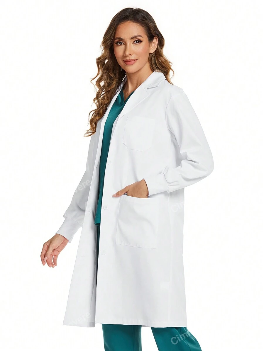 Solid Color Single-Breasted Casual Long Sleeve Lab Coat With Ribbed ...