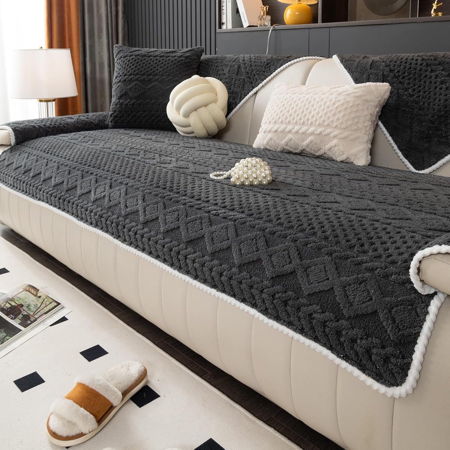 Solid Color Sofa Cover, Geometric Jacquard Plush Slipcover with Non ...