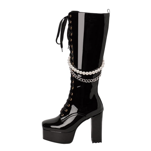 Solid Color Square Toe Platform High Heel Glossy Leather Lace Up Pearl ...