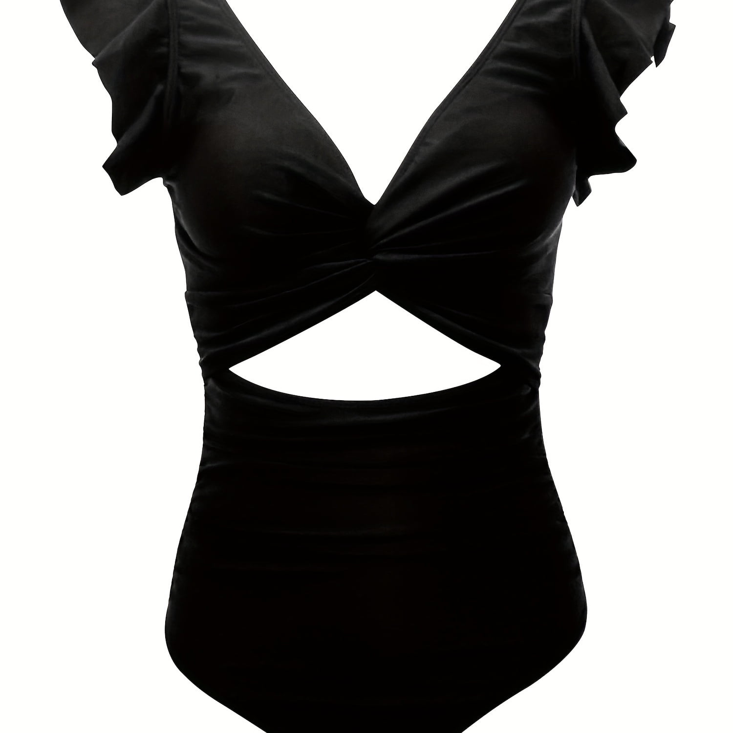Solid Color Twisted One Piece Swimsuit Ruffle Hem V Neck Cut Out High