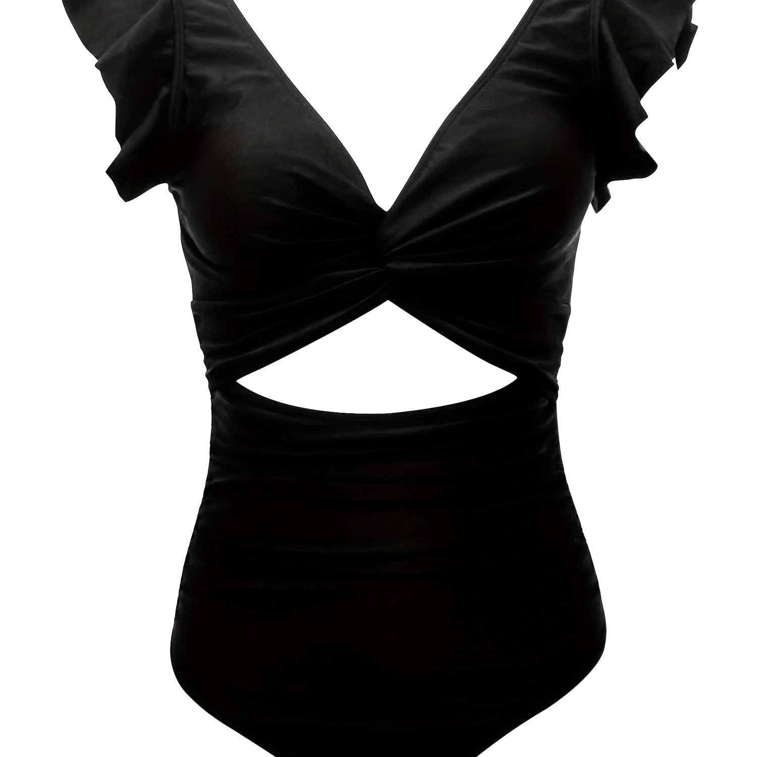 Solid Color Twisted One Piece Swimsuit Ruffle Hem V Neck Cut Out High