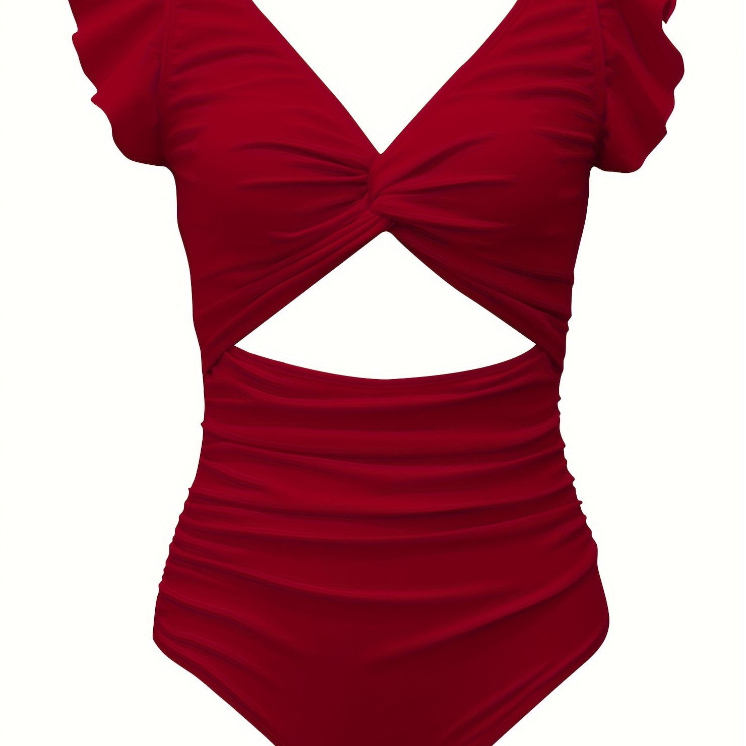Solid Color Twisted One Piece Swimsuit Ruffle Hem V Neck Cut Out High