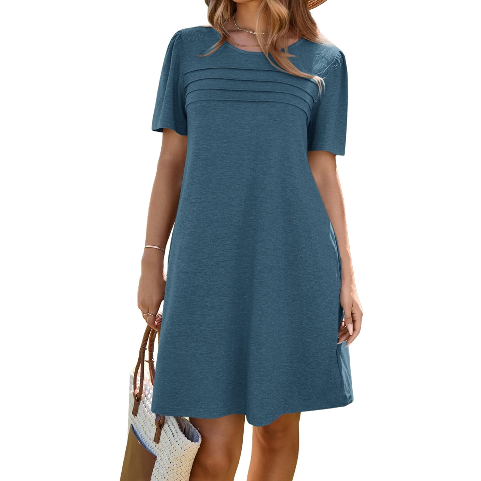 Solid Color Women Short Sleeve Front Pleated Summer Mini Shirt Dress ...
