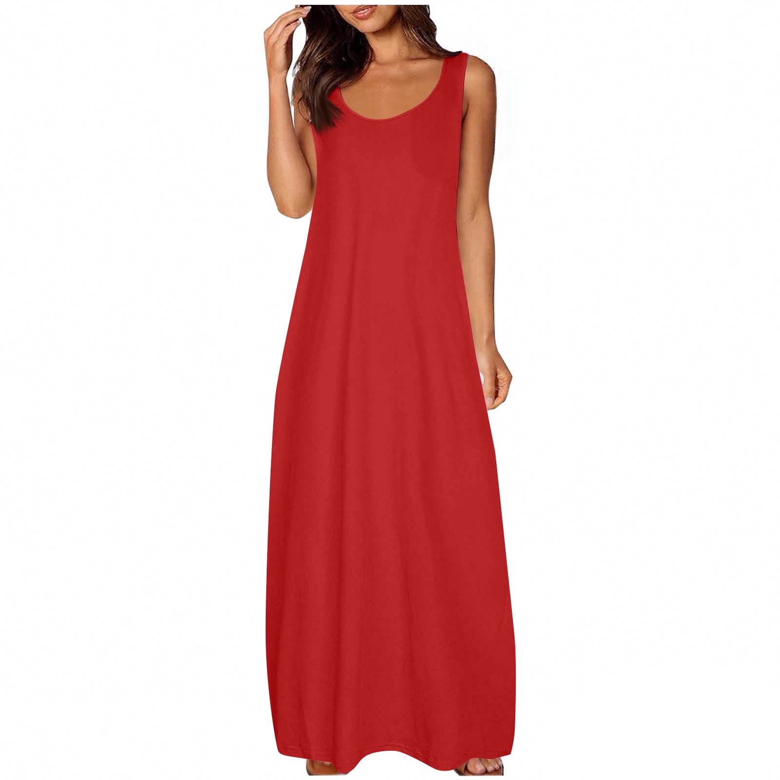 Solid Color Women's Maxi Dresses Large Pocket Solid Color Dress Round ...