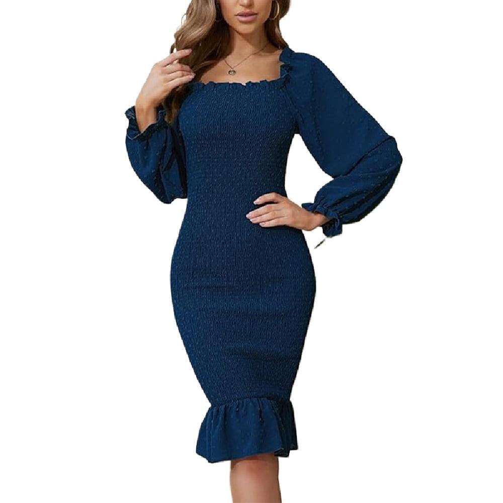 Solid Color Wood-Ear Long-Sleeved dress Slim-Fit Square Collar Hip ...