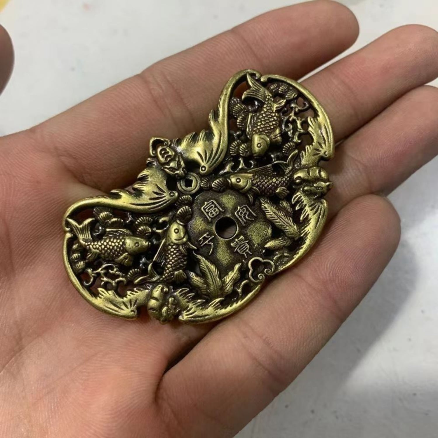 Solid Copper Carp and Bat Pendant Auspicious Wealth Longevity Amulet ...