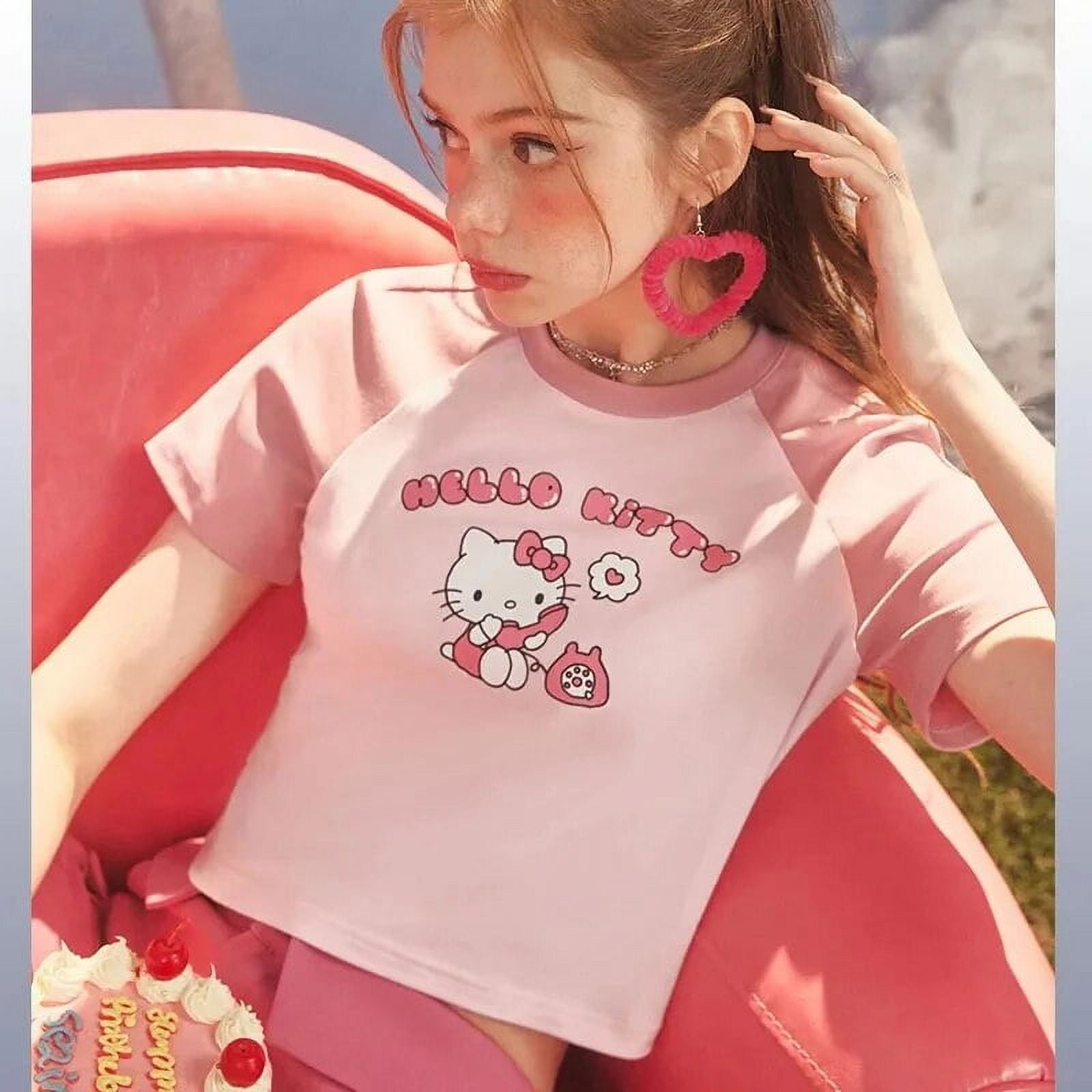 Solid Crop Top Hello Kitty Clothes Women T-shirts Cropped Slim High ...