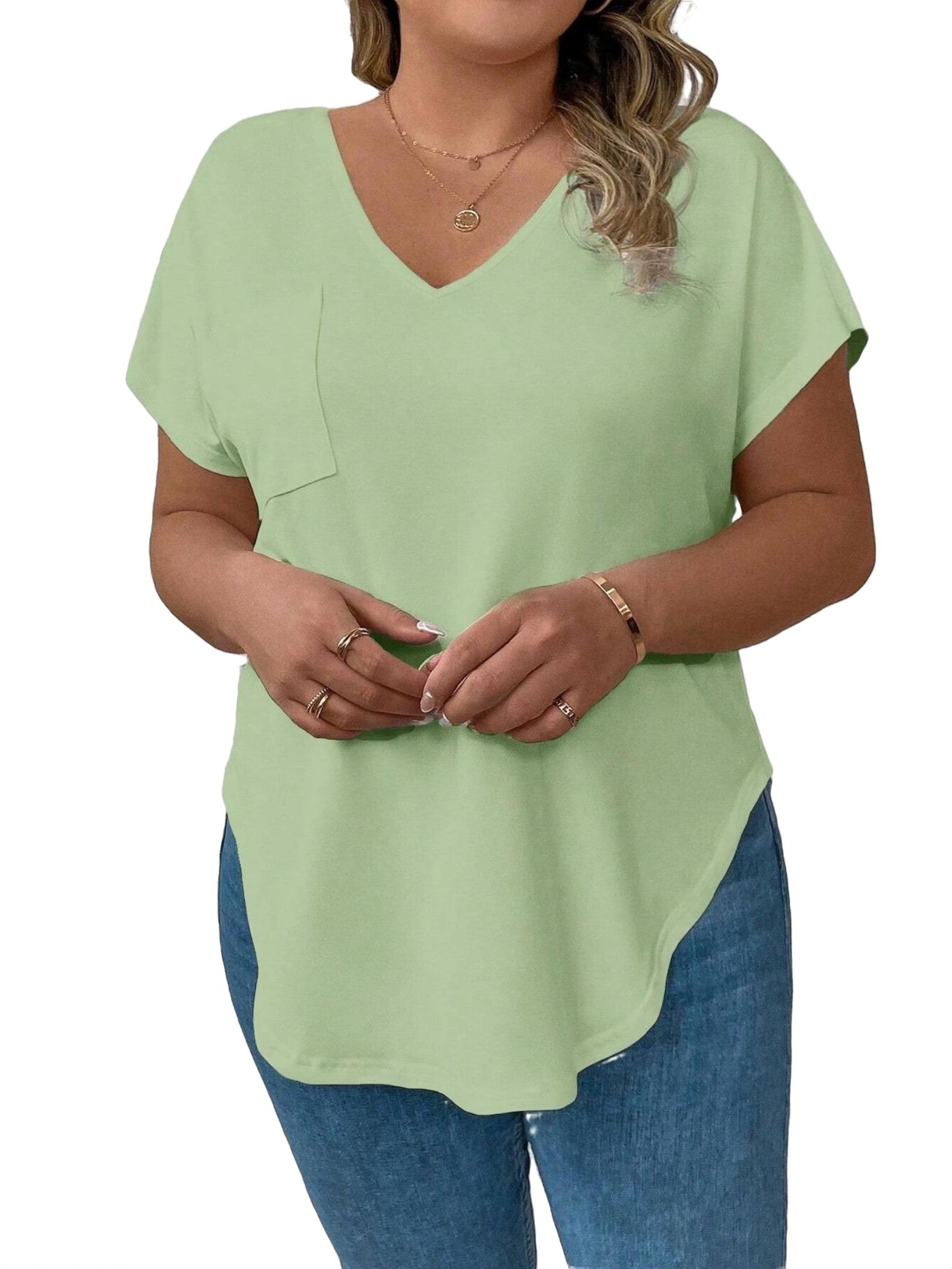 Solid Deep V Neck Tee Short Sleeve Green Plus Size T-shirts (Women's ...