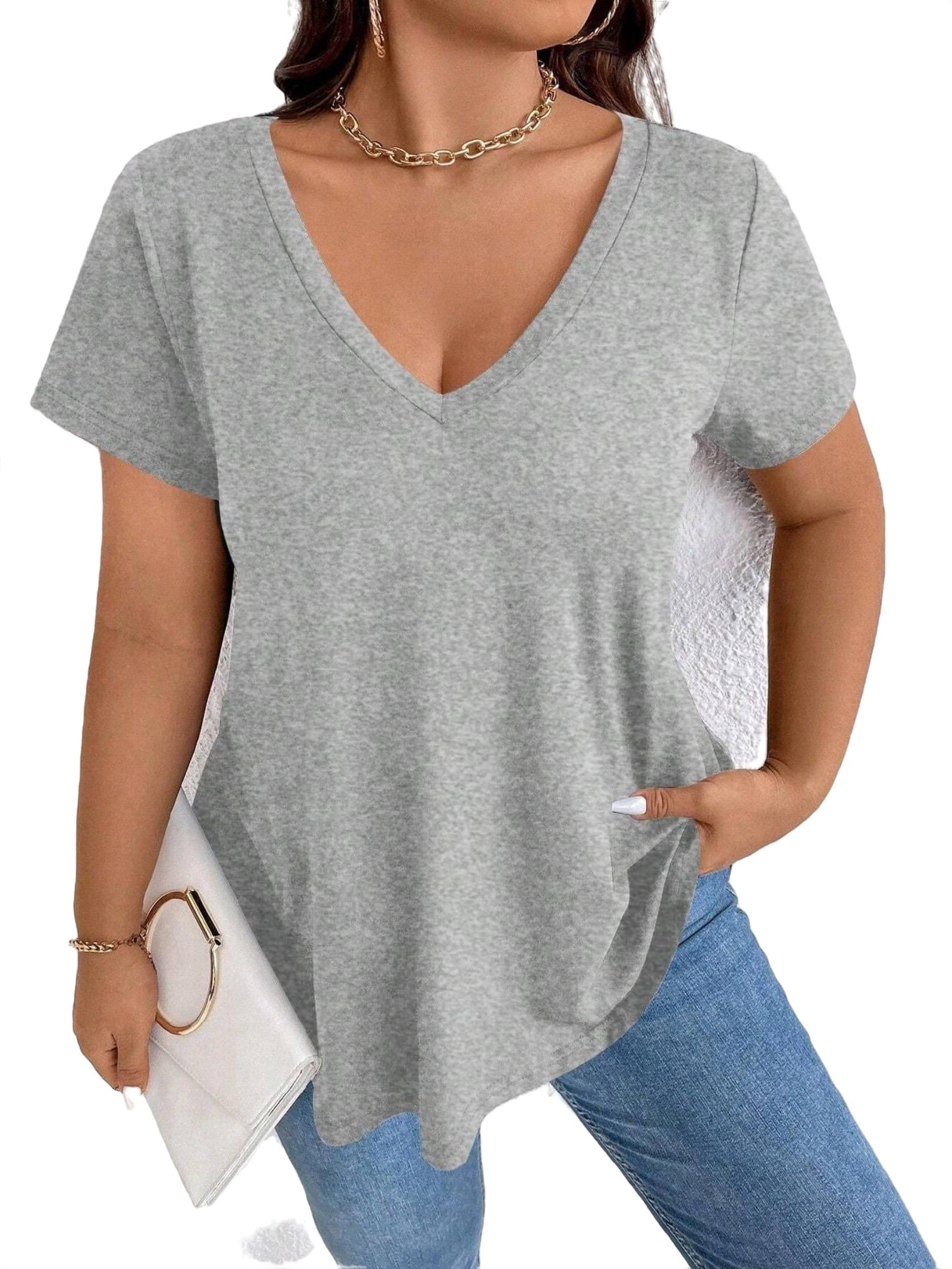 Solid Deep V Neck Tee Short Sleeve Grey Plus Size T-shirts (Women's) - Walmart.com