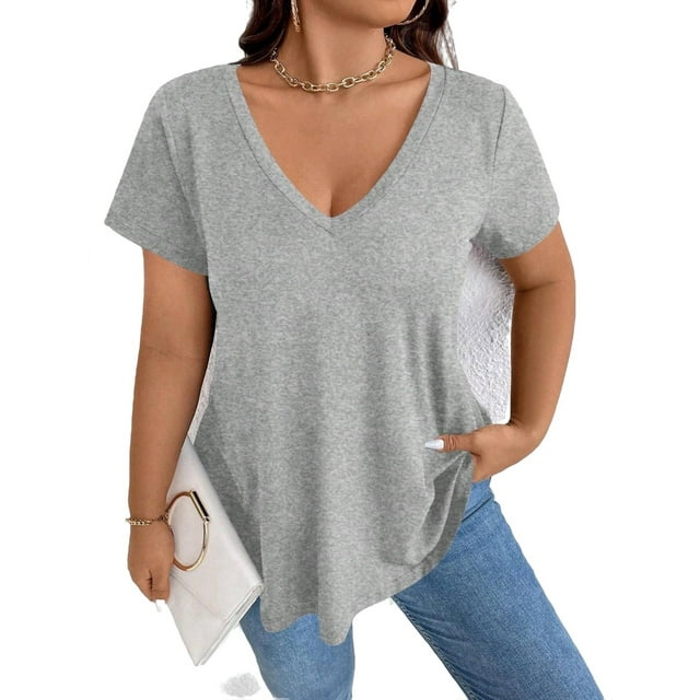 Solid Deep V Neck Tee Short Sleeve Grey Plus Size T-shirts (Women's ...
