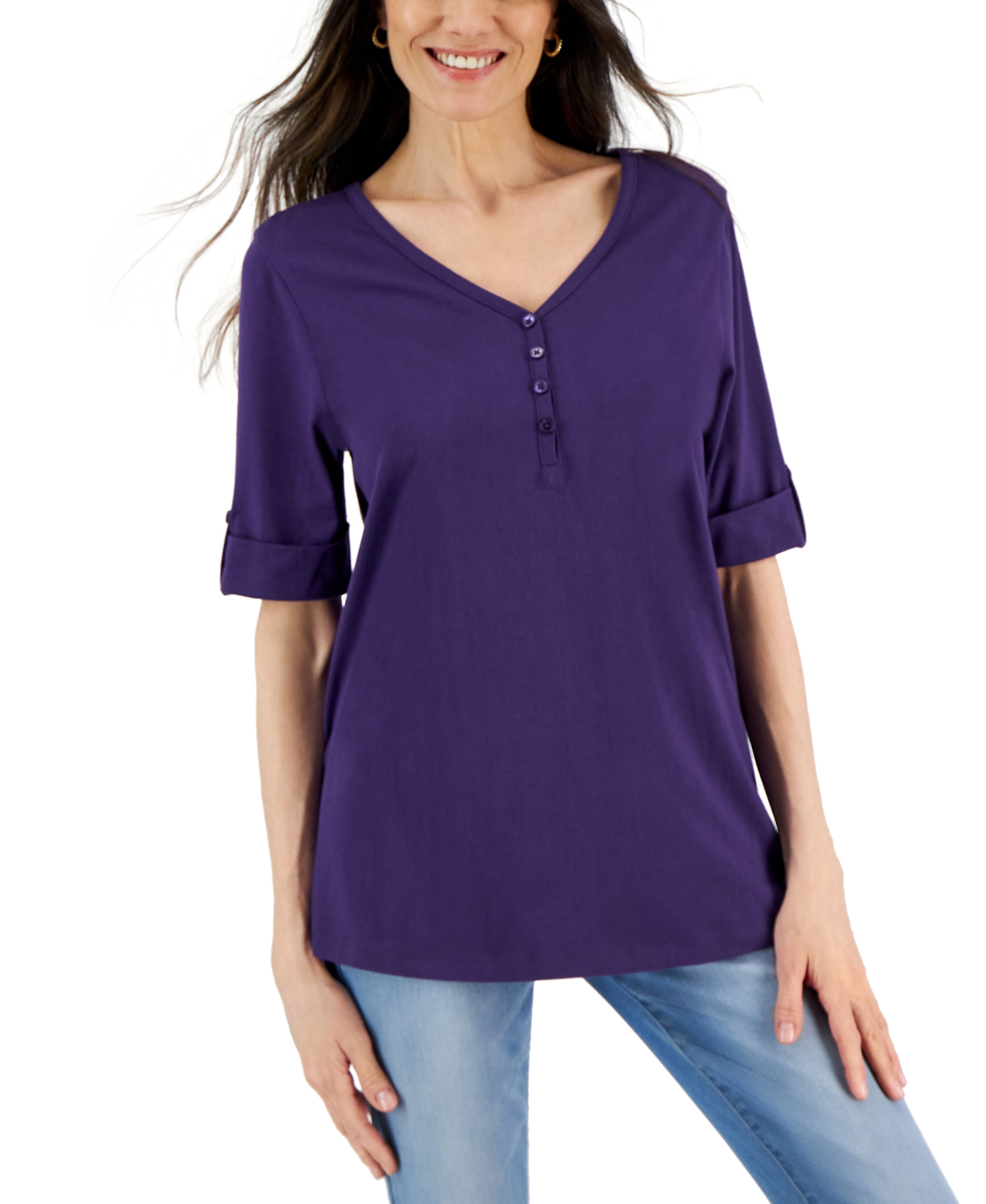 Solid Elbow-Sleeve Henley Tunic Top Cassis L - Walmart.com