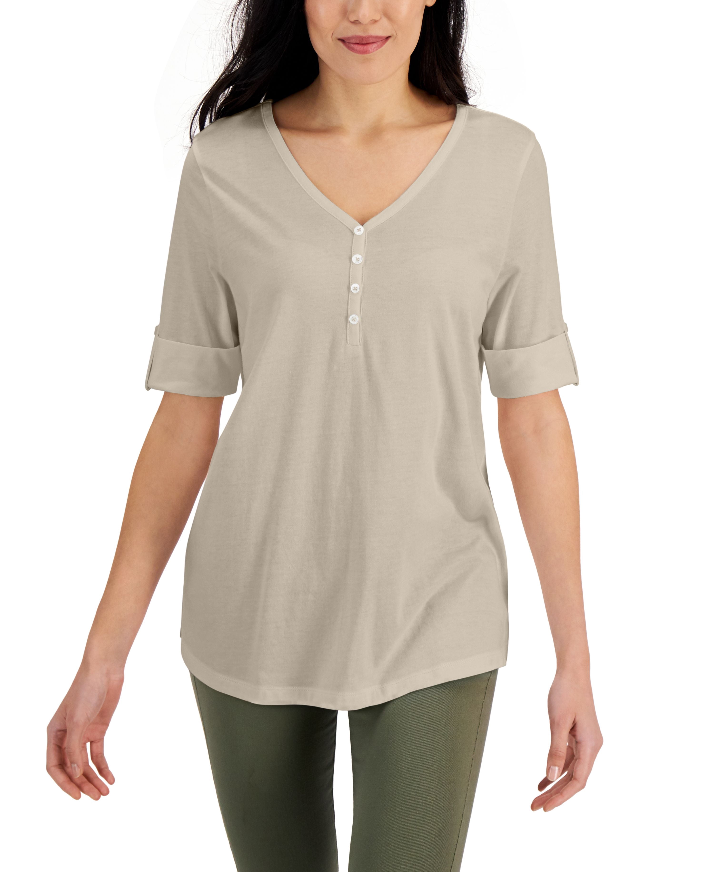 Solid Elbow-Sleeve Henley Tunic Top Pebble L - Walmart.com