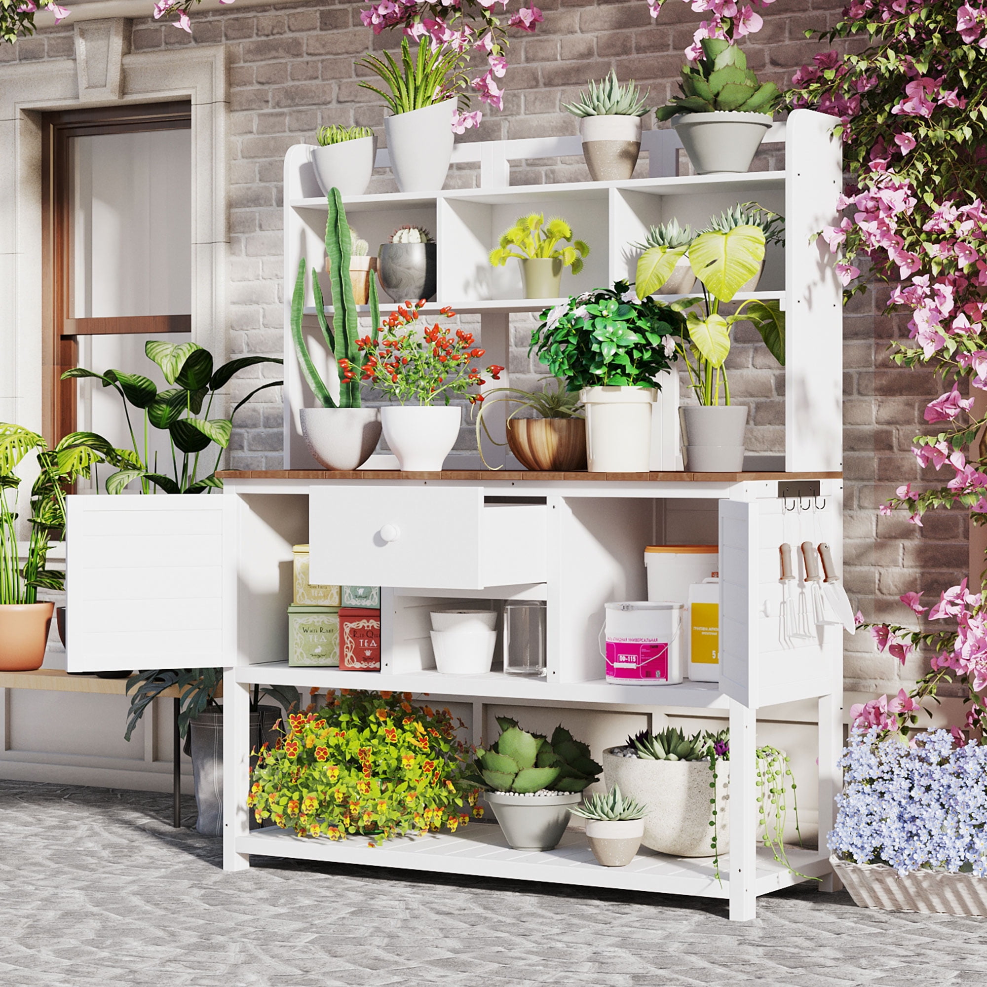 Solid Fir Wood Potting Bench Garden Workstation with Hutch, Drawer ...