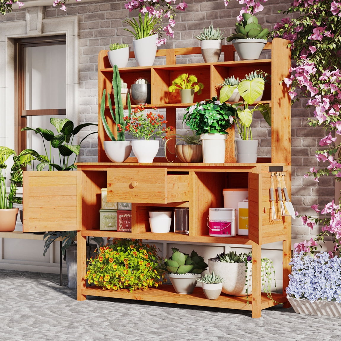 Solid Fir Wood Potting Bench,Outdoor Garden Work Table with Hutch ...