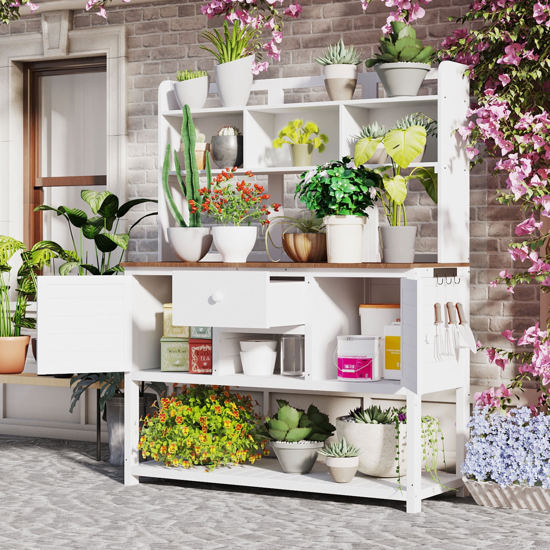 Solid Fir Wood Potting Bench,Outdoor Garden Work Table with Hutch ...