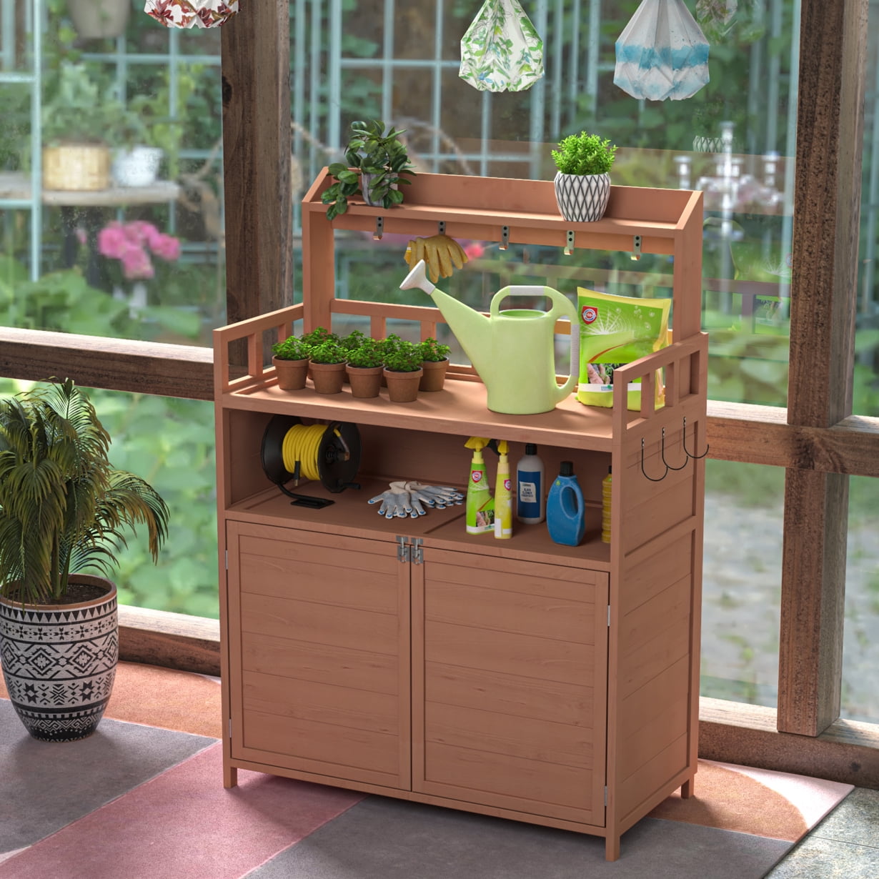 Solid Fir Wood Potting Bench Table with Storage Cabinet & Top Shelf ...