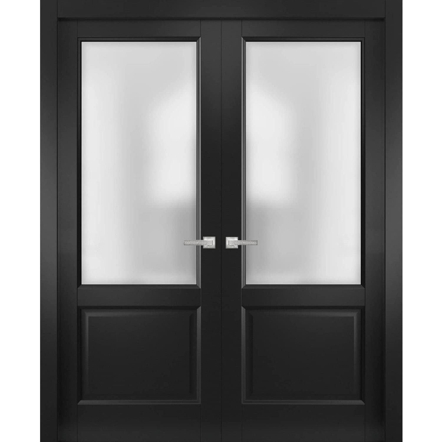 Solid French Double Doors | Lucia 22 Matte Black with Frosted Glass ...