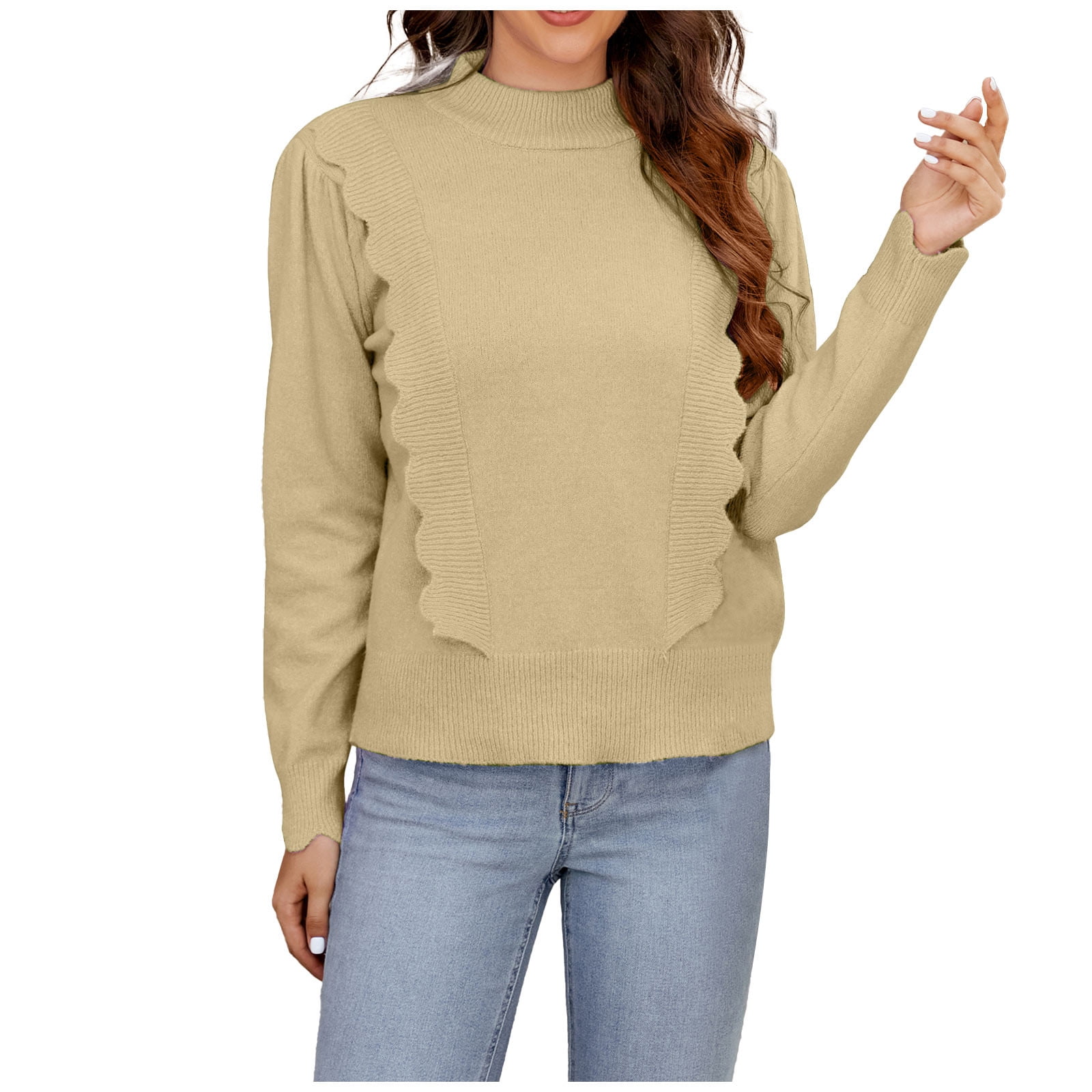 Solid Front Ruffled Sweaters Long Sleeve Half Turtleneck Knit Tops ...