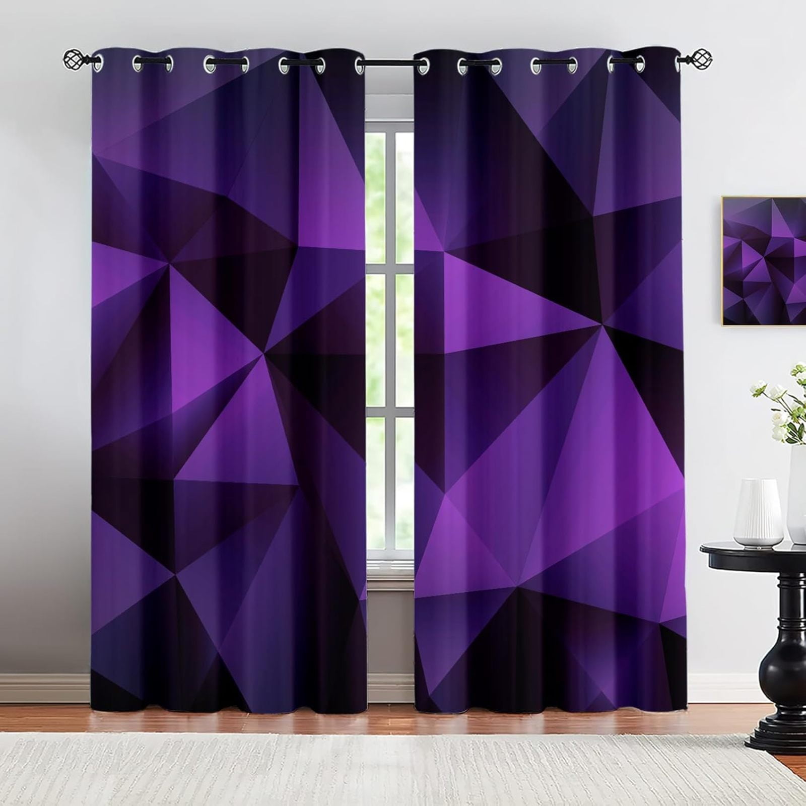 Solid Geometric Triangle Print Blackout Curtain, Purple And Black ...